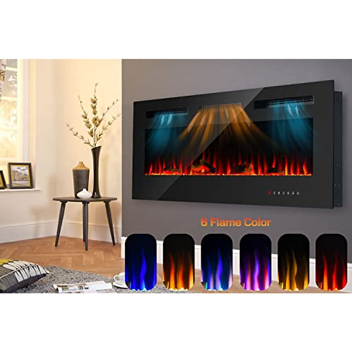 Uthfy 36" Electric Fireplace,1500W Recess & Wall Mounted Fireplace Heater & Linear Fireplace,6 Flame & 9 Ember Bed Colors,Remote Control,8H Timer,Adjustable Thermostat,Log & Crystal, Black (HY-HW36)