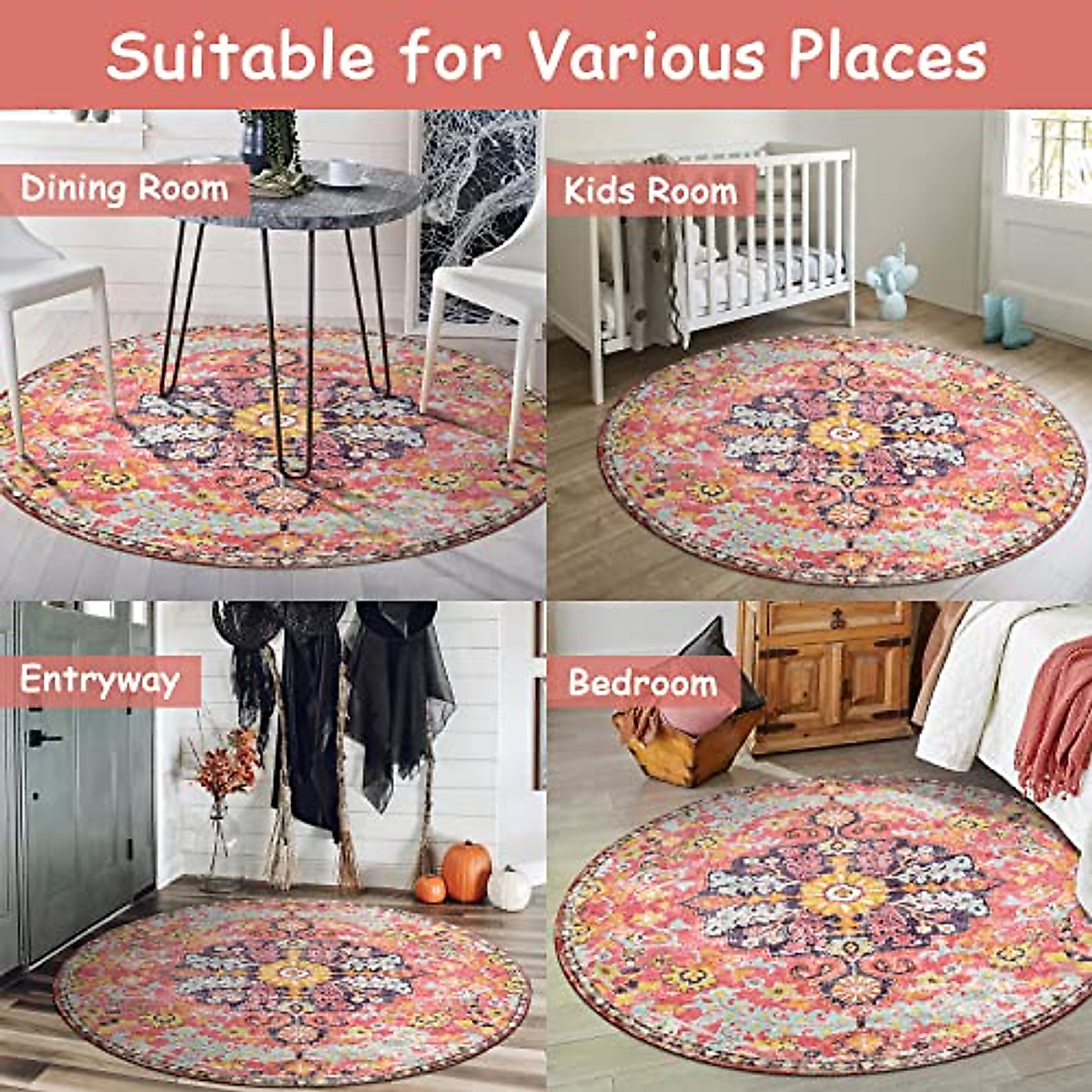 Lahome Bohemian Floral Medallion Round Rug - 4Ft Hot Pink Soft Round Area Rug Bedroom Kitchen Mat, Turkish Washable Indoor Floor Accent Bathroom Carpet for Nursery Living Room Home Office Hallway