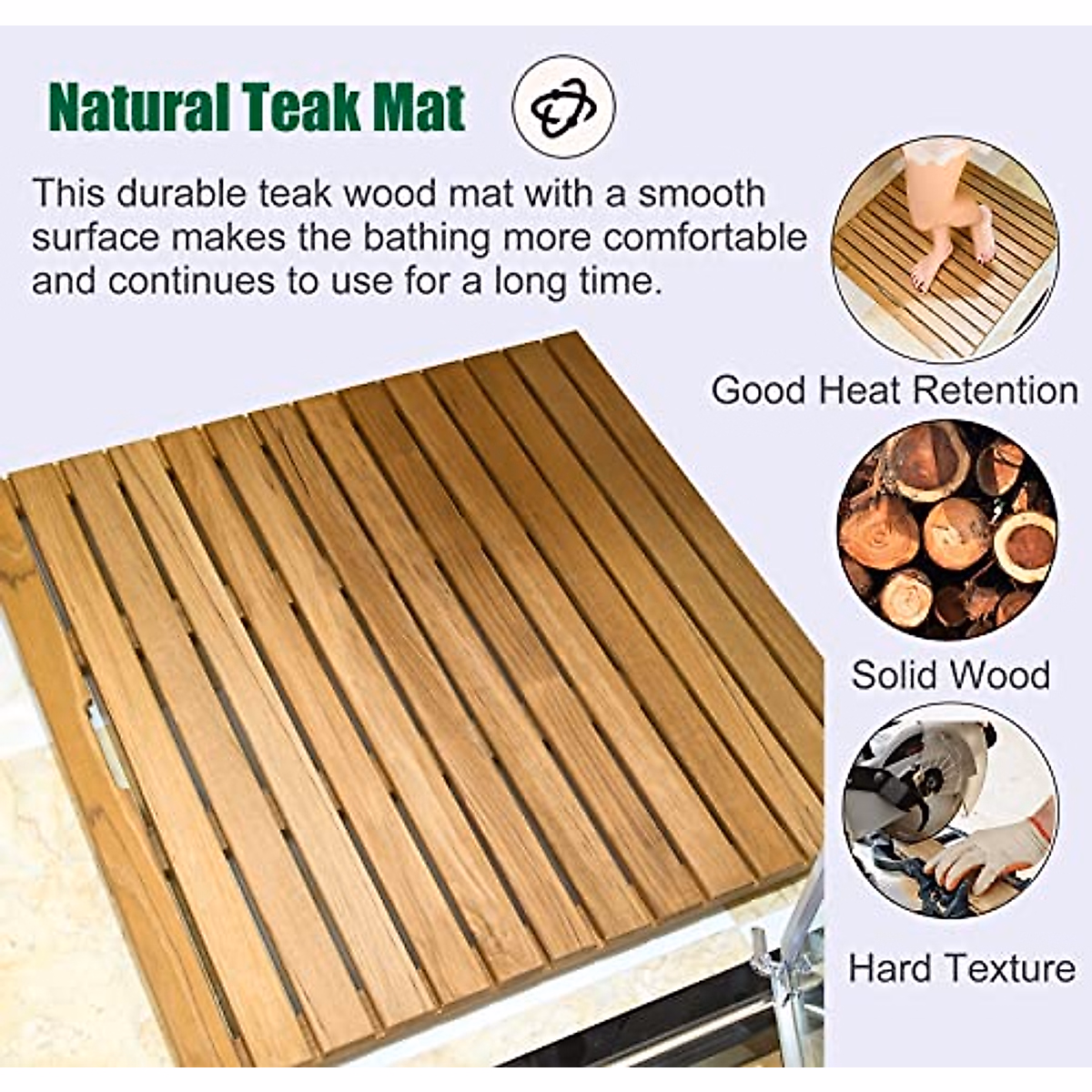 Heavy Duty Teak Wood Shower Mats Non Slip Waterproof, Raised Slated Platform Pads with Foot Pad, Inside Outside Bath Tubs Floor Mat, Portable Doormat (Size : 30x30cm(11.8x11.8in))