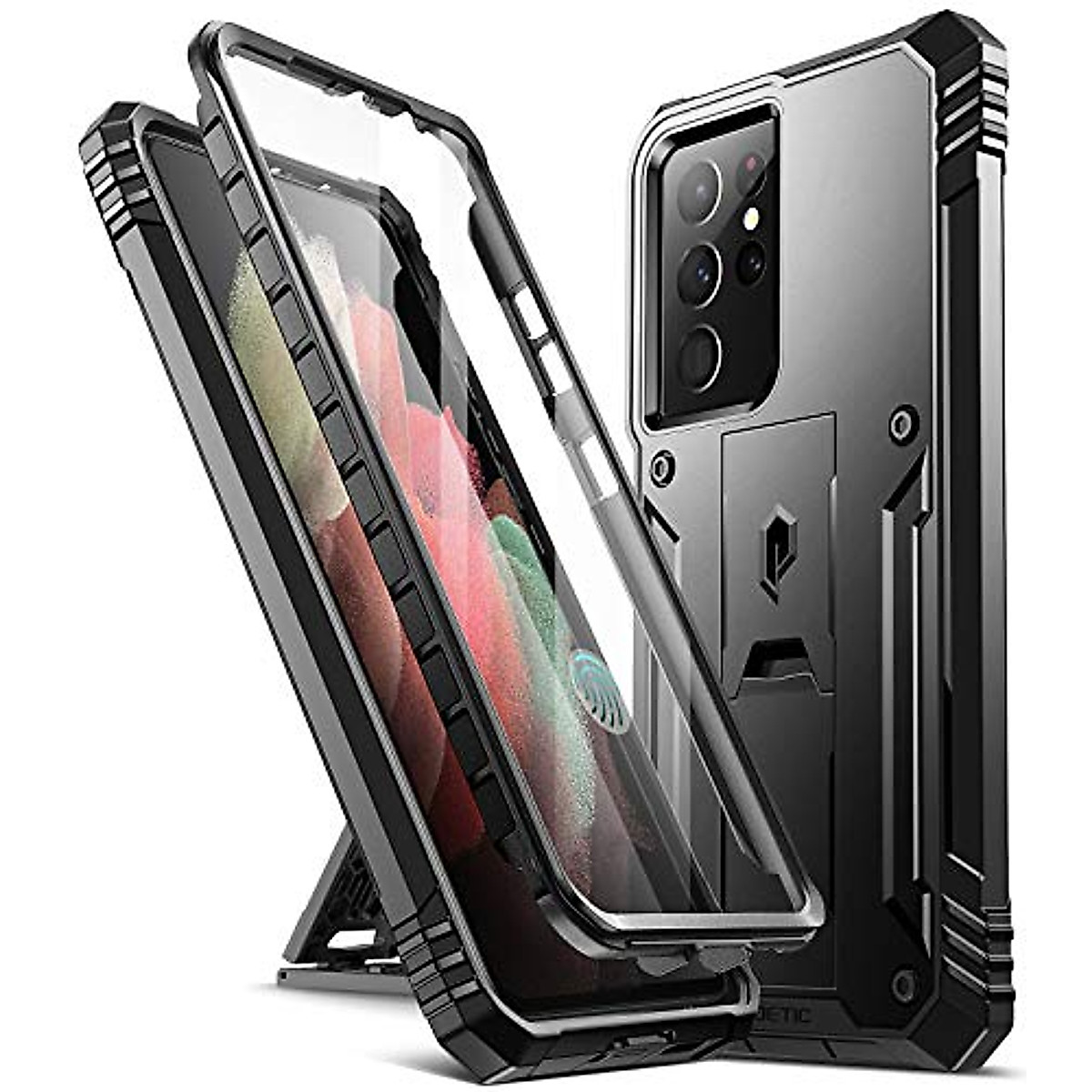 Poetic Revolution Case for Samsung Galaxy S21 Ultra 5G 6.8 inch, Built-in Screen Protector Work with Fingerprint ID, Full Body Rugged Shockproof Protective Cover Case with Kickstand, Black