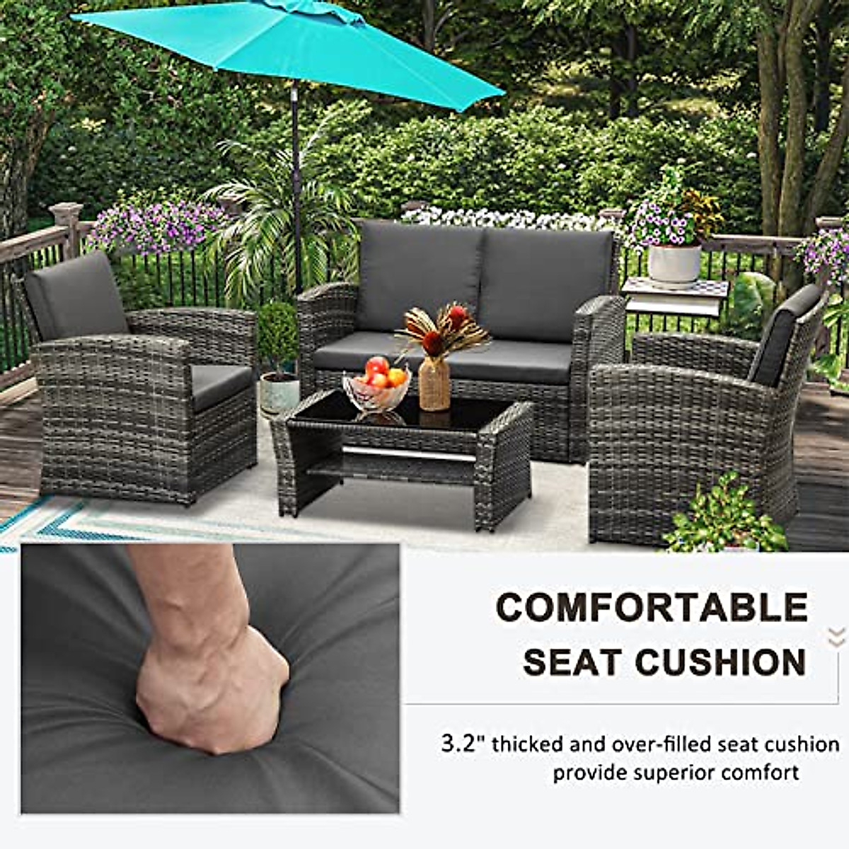 Vakollia 4 Piece Outdoor Patio Furniture Sets, Wicker Rattan Conversation Sofa Set with Table & Chair for Backyard Balcony Garden Poolside Porch (Grey-Dark Grey)
