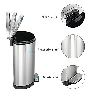 SIMPLYKLEEN Kleen-Fit 11.8-Gallon Semi-Round Hands-Free Kitchen Stainless Steel Trash Can with Lid. Great for Dorms, Kitchen, Bathroom, or Office.
