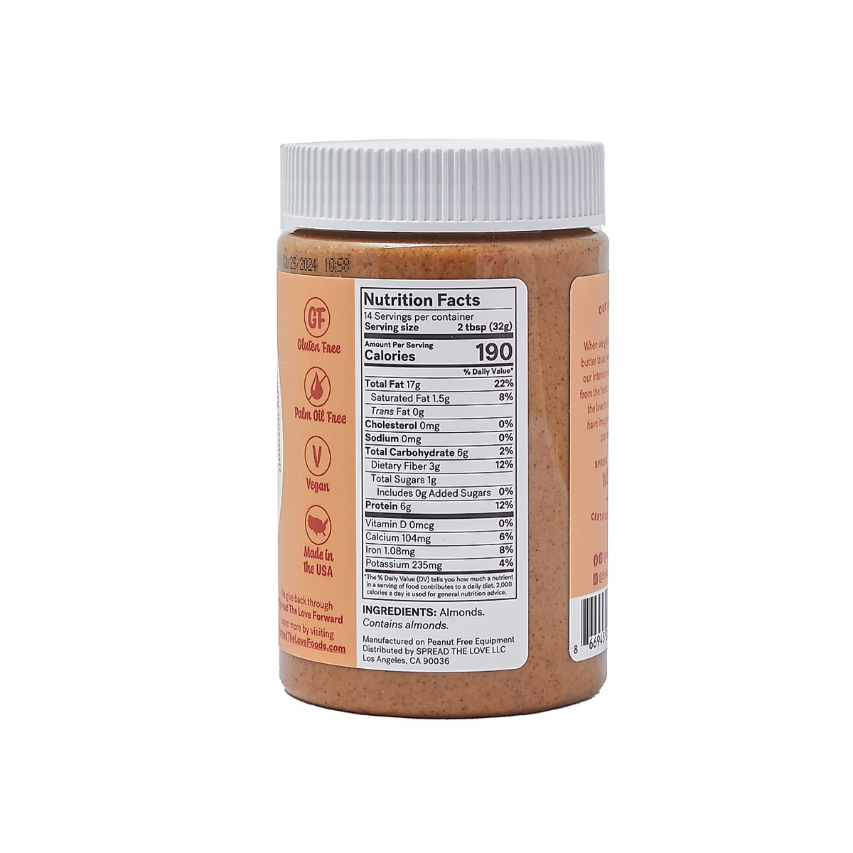 Spread The Love UNSALTED Almond Butter, 16 Ounce (All Natural, Vegan, Gluten-free, Creamy, No added salt, No added sugar, No palm fruit oil, Not pasteurized with PPO)