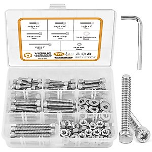 1/4-20 Hex Head Cap Screws, VIGRUE 304 Stainless Steel UNC Hexagon Bolts Flat Washers Nuts Assortment