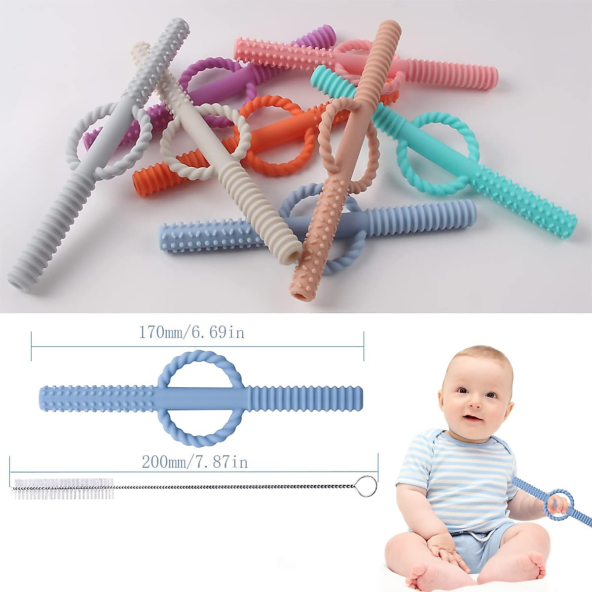 YAPROMO Silicone Baby Teether Tubes for Infants with Nursing Biting Chewing - 3 Pack 3 Pcs-Blue&Beige&Grey