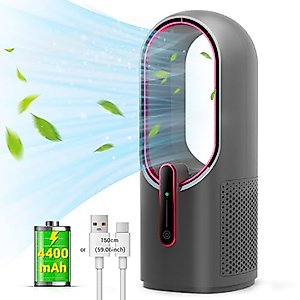 Misby Desk Fan, Rechargeable Battery Powered or USB-Powered Bladeless Fan,11.8 Inch Portable Fan, 3 Speeds Table Fan, Touch Control, Grey Low Power Cooling Fans for Bedroom, Home, Office