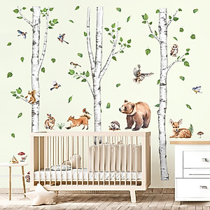 wondever Large Birch Tree Animals Wall Stickers Forest Owl Fox Bear Deer Peel and Stick Wall Art Decals for Baby Nursery Kids Bedroom Living Room