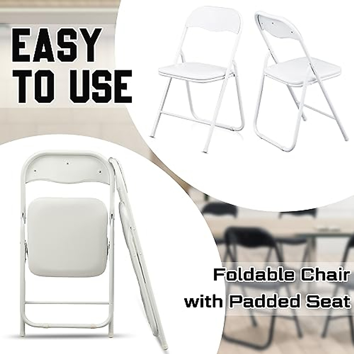 Kathfly 6 Pcs Steel Folding Chair Set Foldable Chair with Padded Seat Cushioned Metal Folding Chair Portable Stackable Commercial Seat for Reception Meeting Room Office, 330lbs Capacity (White)