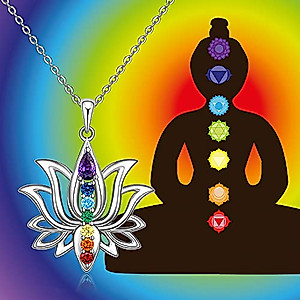 Jewlikee 7 Chakra Necklace Sterling Silver Yoga Lotus Pendant Chakra Stone Bar Necklaces for Women Energy Balance