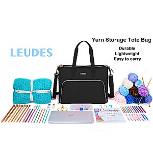 Crochet Tote Bag,Leudes Knitting Bag Fits 15.6 Inch Laptop Yarn Storage Organizer Large Yarn Holder Hook Case for Knitting & Crochet Supplies (Black)