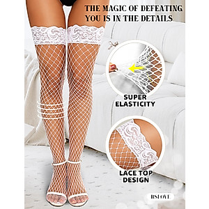 RSLOVE Women's Lace Top Fishnet Thigh-High Stockings with Antiskid Silicone Sexy Stay Up Tights Pantyhose White