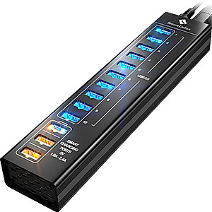 SmartDelux Powered USB Hub - USB 3.0 Ports Hub with 3 Smart Charging Ports, Power Adapter, Long Cord, LEDs (13-Port USB Hub)