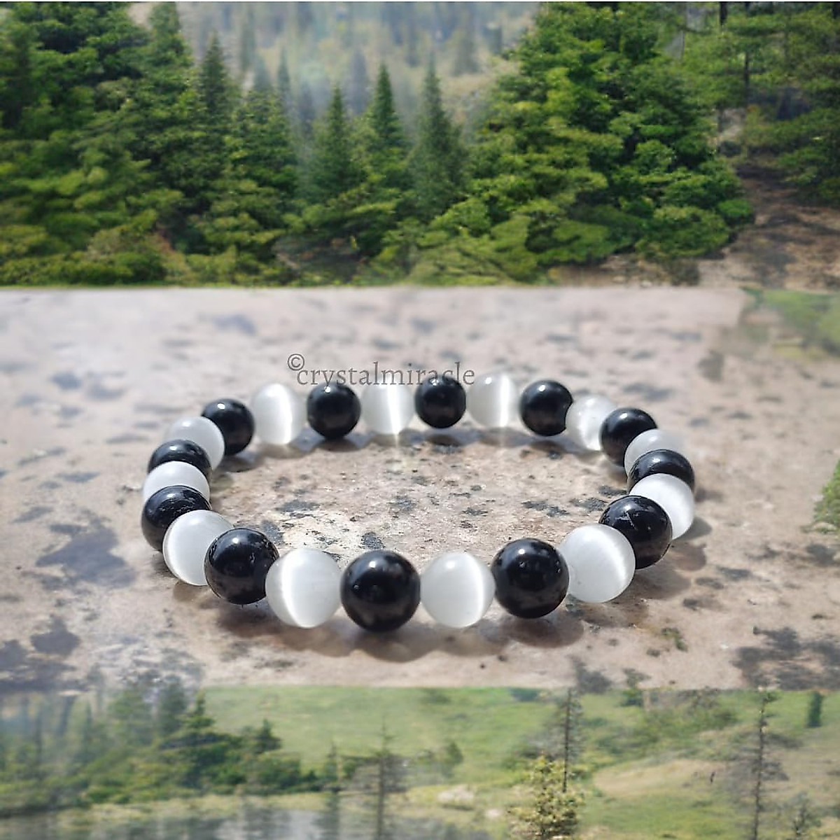 crystalmiracle Selenite Black Tourmaline Beaded 7 Mm Round String Crystal Gemstone Fashion Gift Wellness Positive Energy Handcrafted Accessory