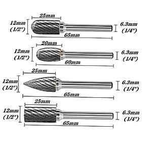 Carbide Burrs 4pcs 12mm Dia 1/4" Shank Single Cut Tungsten Carbide Rotary File Cutting Burs Tool Rotary Drill Die Grinder Bits (4x1/4)