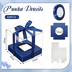 Thenshop 50 Pcs Clear Cupcake Boxes Individual 3.5 Inch Plastic Single Cupcake Containers Boxes with Inserts and Ribbon Individual Cake Storage Holders for Cake Kitchen(Dark Blue)