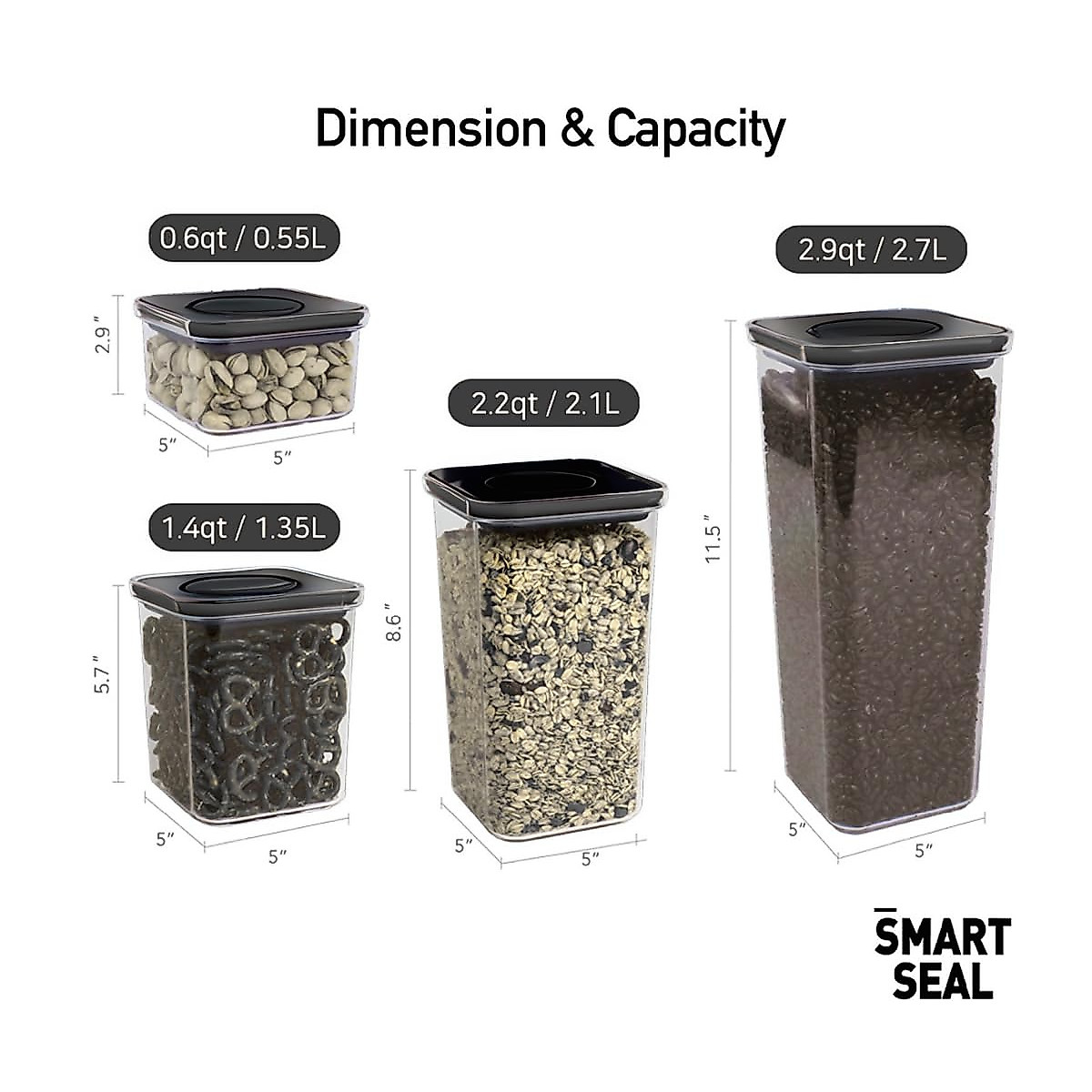 Neoflam Airtight Smart Seal Food Storage Container (Set of 3) | Crystal Clear Body, Matte Black Lid | Modular, Stackable, Nestable Design | Easy to Clean, BPA Free (Square, 1.4L)