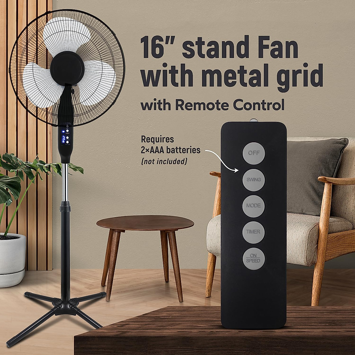 Craig TH6069, 16 Inch Oscillating Stand Fan with Remote Control, 90 Degree Oscillating Head, Adjustable Height and Tilt, Perfect for Bedroom, Office and any small to medium sized Room, NEW