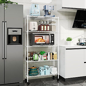 pouseayar Wire Shelving Unit 5 Tier NSF Metal Shelf, 750lbs Capacity Adjustable Storage Rack with Wheels & Shelf Liners for Garage Kitchen Office Bathroom, 60" H x 30" L x 14" D - White Set of 2