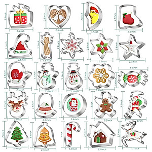 24PCS Christmas Cookie Cutter Set, Stainless Steel Xmas Biscuit Cutter Mold, DIY Baking Pastry Tool Small Biscuit Mold, Snowman Christmas Tree Gingerbread Man Snowflake Candy & More Shapes for Baking