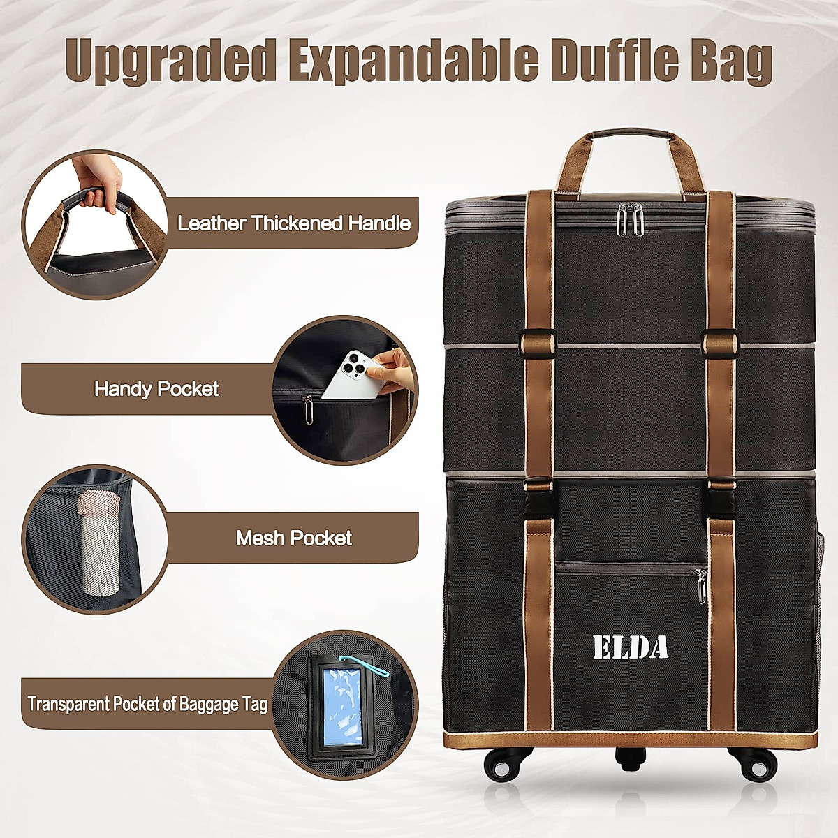 ELDA Expandable Foldable Luggage Suitcase Large Capacity Duffel Bag with Wheels Lightweight Collapsible Rolling Travel Suitcases for Men Women