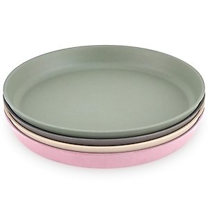 WeeSprout Bamboo Plates, Set of 4, Kid-Sized Bamboo Kids Plates, Dishwasher Safe Bamboo Plates for Kids (Pink, Green, Gray, & Beige)
