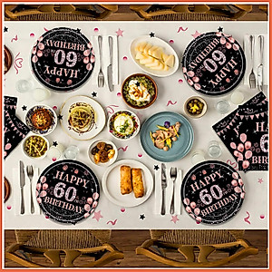 Black Rose Gold Birthday Party Supplies,Disposable Party Tableware Sets - 60 Years Paper Plates,Napkins,Plastic Forks Knives,Tablecloths,60th Birthday Decorations for Men,24 Guests