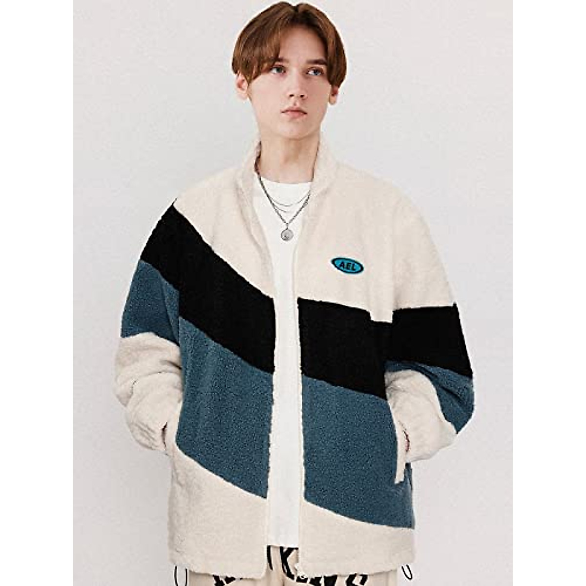 Aelfric Eden Mens Color Patchwork Oversized Sweater Sherpa Jackets Faux Shearling Shaggy Full-Zip Jackets Warm Fuzzy Coats