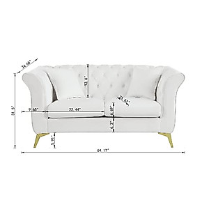 Loveseat Sofa,Upholstered Futon Sofa with Button Tufted Back,Modern Velvet Loveseat Sofa Couch with Armrest,Mid-Century 2 Seater Corner Sofa Couch with Metal Legs for Apartments Bedroom Dorm,White