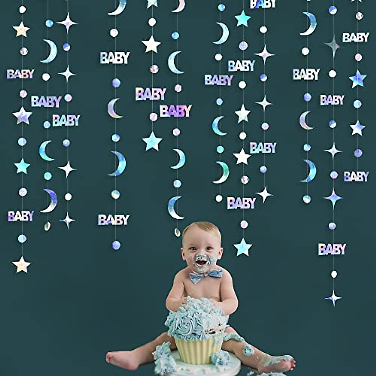 Iridescent Baby Garland Star Moon Circle Dot Streamer Holographic Baby Sign Twinkle Twinkle Little Star Hanging Banner for Baby Shower Oh Baby Welcome Baby Gender Reveal Party Decorations Supplies