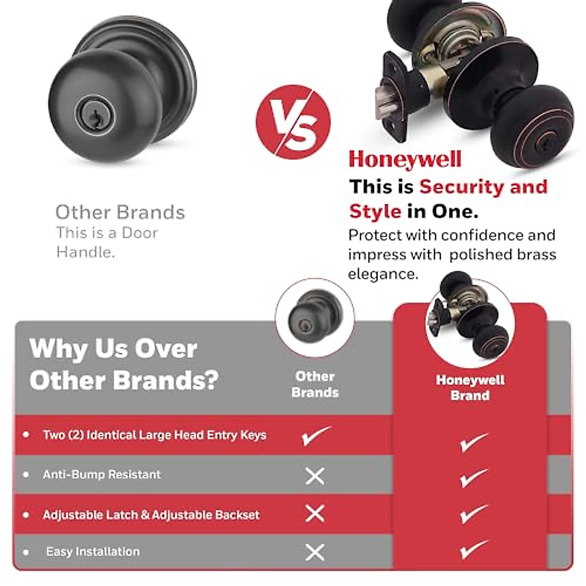 Honeywell Safes & Door Locks - Interior & Exterior Door Knob with Lock & Keys Set - Anti Bump Resistant Front Door Knob for Bedroom & Bathroom - 6.5 x 2.75 x 2.75 in - Oil Rubbed Bronze - 8101401