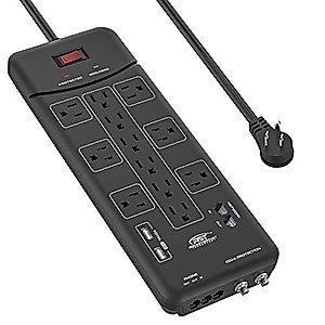CRST 12-Outlet Surge Protector Power Strip 4050Joules, with USB(3.1A) Ethernet, Cable,Telephone and TV Coaxial Protection, Flat Plug 9-FT Long Cord (Black)
