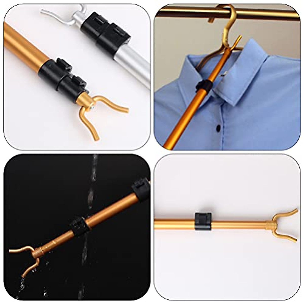 DOITOOL Hanger Retriever Pole with Hook- Adjustable 49in High Reach Closet Pole- Extendable Garment Hook Reaching Stick Pole to Easily Reach Clothes ( Golden )