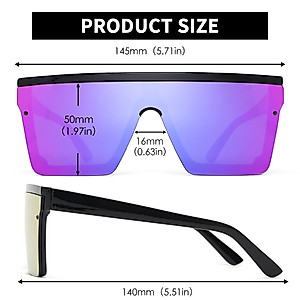 JIM HALO Flat Top Shield Sunglasses Square Mirror Rimless Glasses for Women Men (Black Frame/Mirror Purple Lens)