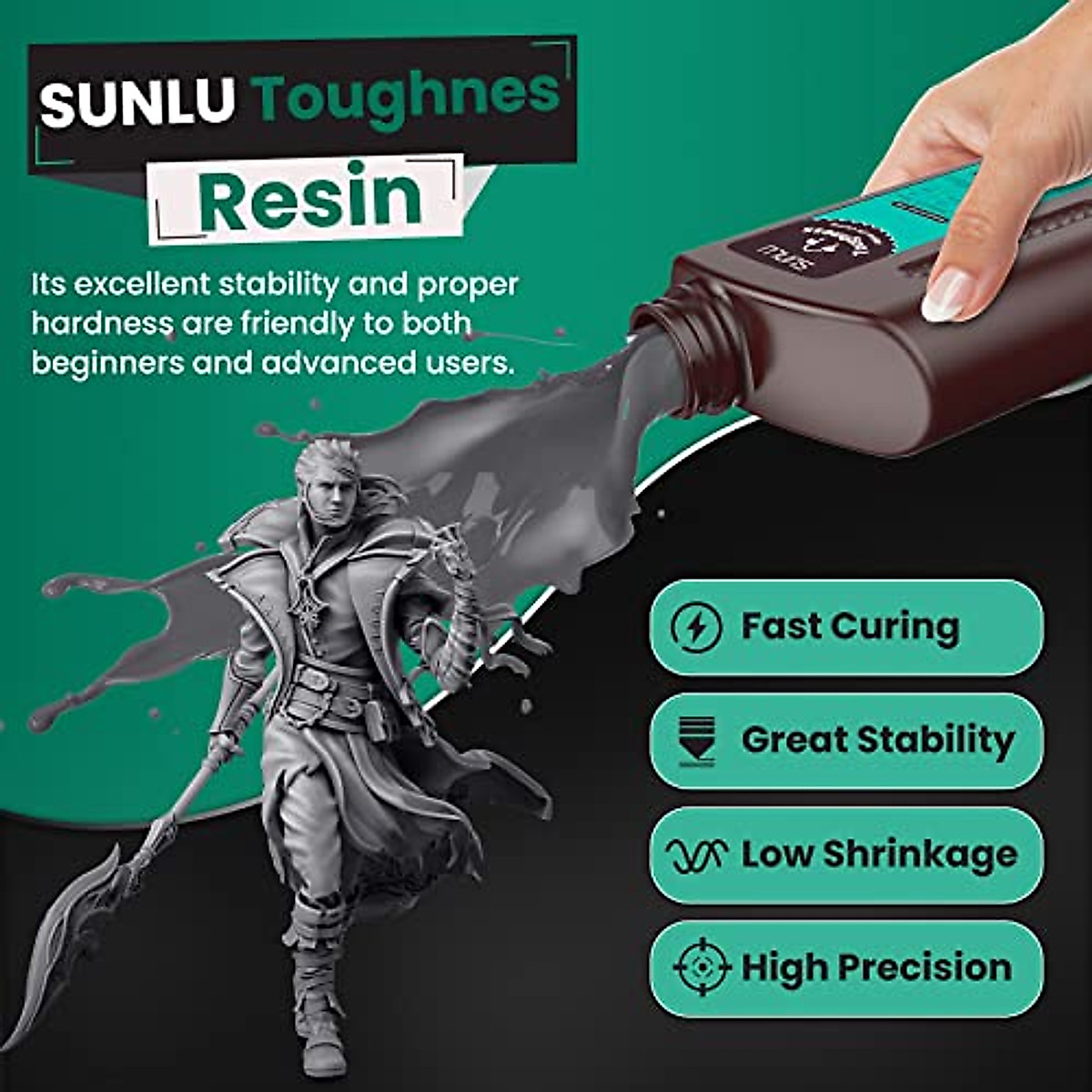SUNLU High Tough 3D Printer Resin, Flexible Fast Curing 3D Resin for 2K 4K 8K LCD DLP SLA Resin 3D Printer, 405nm UV Curing 3D Printing Photopolymer Resin, 350J/m High Impact Resistant, 1KG, Grey