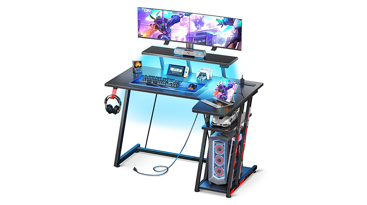 MOTPK L-Shaped Gaming Desk | LED Lights, Outlets & Monitor Shelf