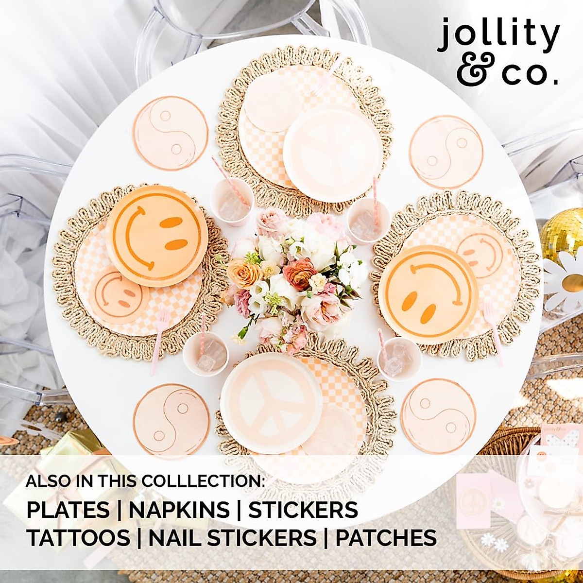 Jollity Party Supplies Peace & Love Smile Dessert Plates Great For Spring, Baby Showers, Bridal Showers, Event And Birthday Decorations Paper, 8 Pack Yellow Dinner