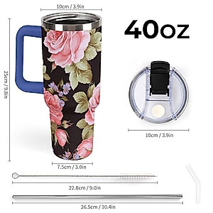 LLUTSNTH 40 Oz Vacuum Tumbler with Deep Blue Handle Leakproof Insulated Tumbler Pink Rose Stainless Steel Travel Mug with Lid And Straw Coffee Cup Cute Water Bottles Cup Holder Friendly