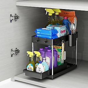 EZORG Under Sink Organizer Set of 2 Black for Storage - Kitchen, Pantry & Toilet with Movable Lower Rack for Easy Access