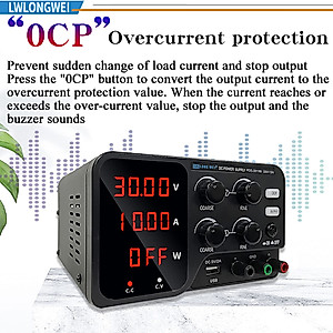 LWLONGWEI DC Power Supply Variable,30V 10A Adjustable Switching Regulated DC Bench Power Supply with 4-Digits LED Power Display 5V/2A USB Output, Coarse and Fine Adjustments Black