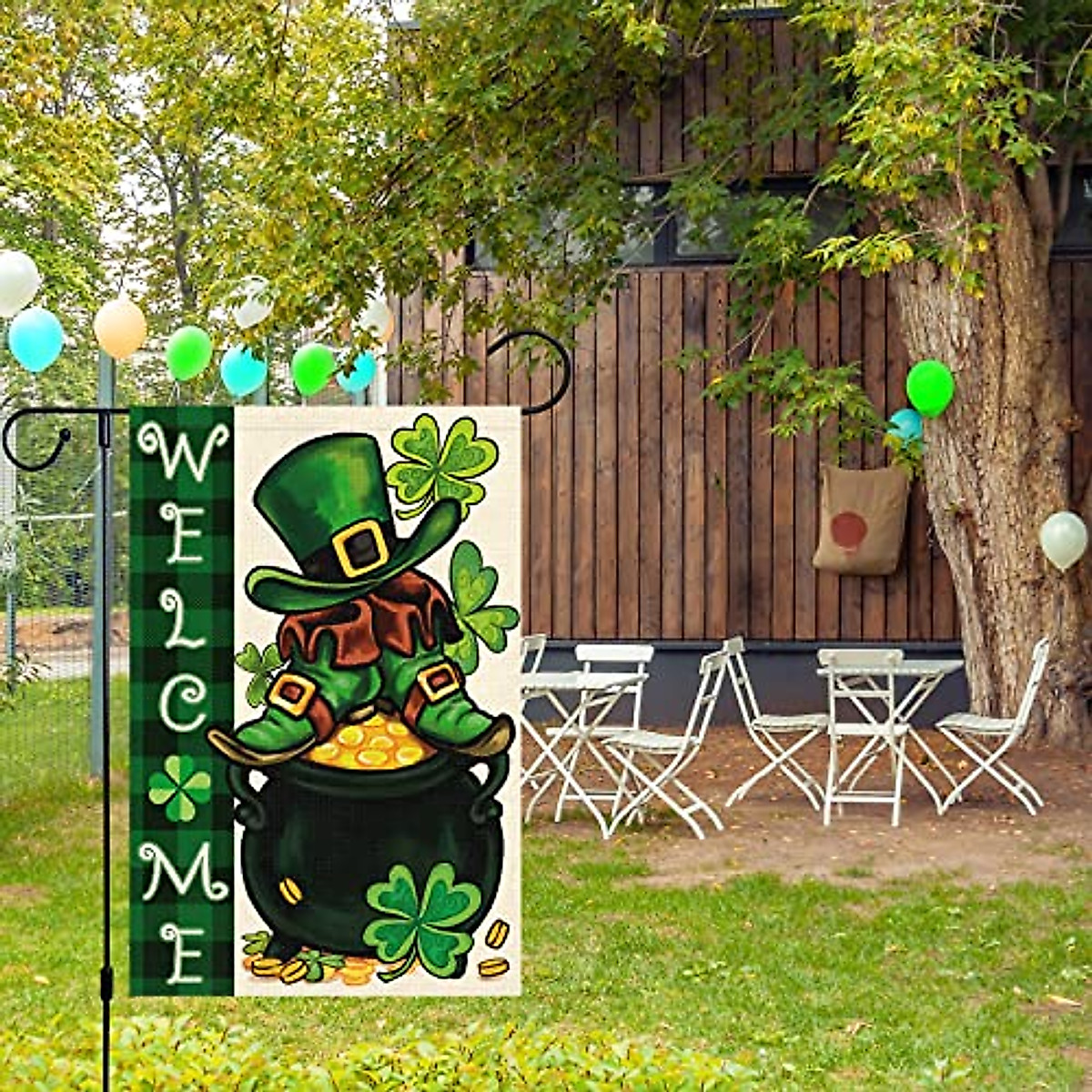 Welcome Spring St. Patrick's Day Garden Flag 12x18 Double Sided, Burlap Small Check Plaid Leprechauns Yard Flag Banner Irish Lucky Shamrock Clover Shoes Sign for Outside Outdoor Decor (ONLY FLAG)