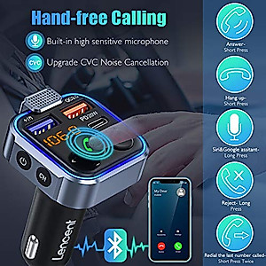 LENCENT FM Transmitter in-Car Adapter,Type-C PD 20W+ QC3.0 Fast USB Charger, Wireless Bluetooth 5.0 Radio Car Kit,Hands Free Calling, Mp3 Player Receiver Hi Fi Bass Support U Disk