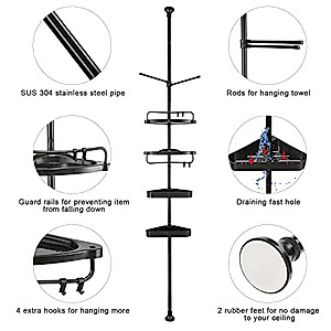 Corner Shower Caddy Tension Pole - Shower Organizer Tension Pole with 4 Shelves,Rust Resistant Stand Tension Rod Shower Caddy for Bathtub,Bathroom,RV,Kitchen Storage - Black,54-114” Adjustable