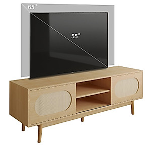 VOWNER Farmhouse Rattan TV Stand for 55/60/65 inch TV, Modern Entertainment Center with Natural Rattan Door and 2 Open Shelves, TV Console Table for Living Room, Wood Color