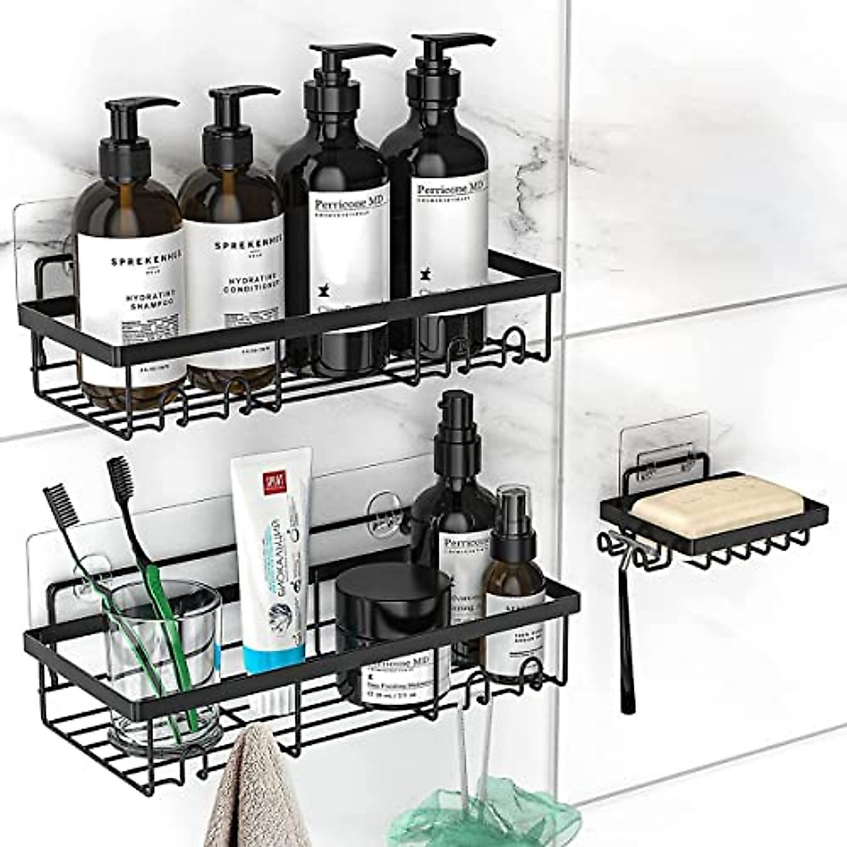 Preziouz 3 Pack Bathroom Organizer with Hooks, Self Adhesive Black Shower Caddy, No Drilling & Stainless Steel, Wall Mounted Shower Shelves for Shampoo and Soap Storage