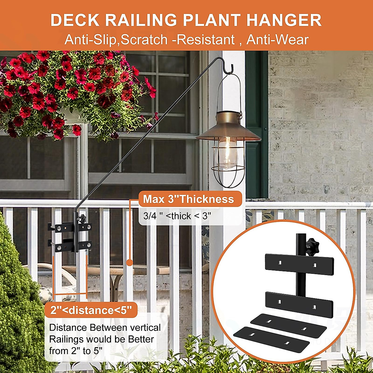 IVOODi Heavy Duty Deck Hook-Deck Railing Plant Hanger, 29 to 43 Inch Extended Bird Feeder Hanger W/Double Clamps,Versatile Deck Shepherd Hook for Hanging Bird Feeders,Lanterns,Planters etc.