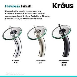 Single Lever Vessel Glass Waterfall Bathroom Faucet Chrome with Black Clear Glass Disk and Matching Pop Up Drain