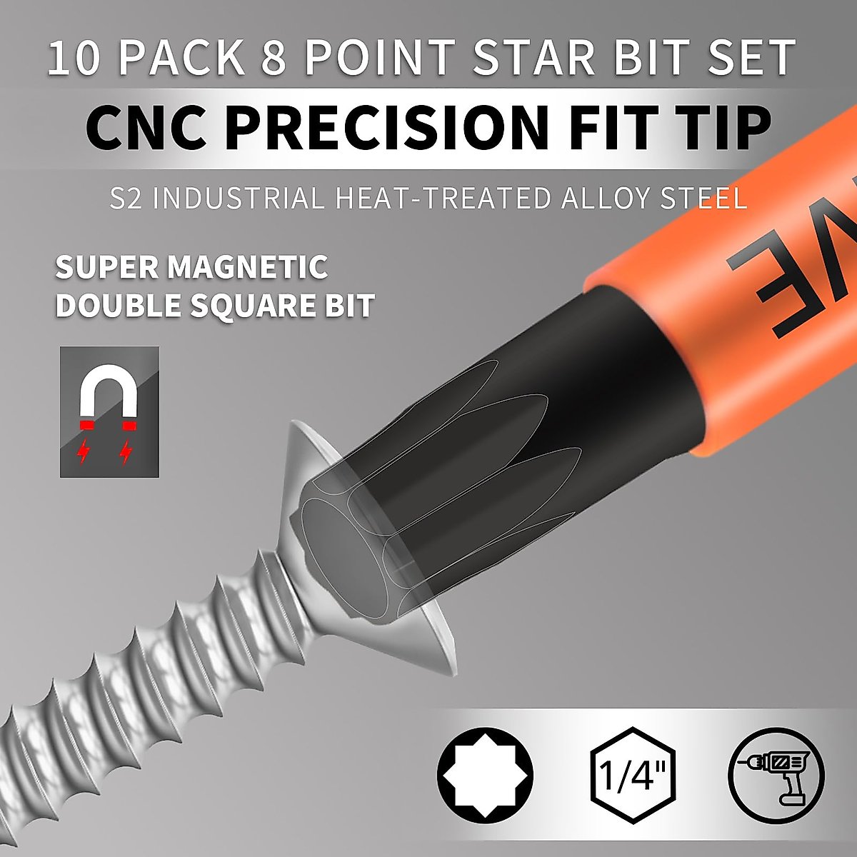 10-Pack 8 Point Star Bit - Professional 8 Point Torx Bit (Magnetic Heads & Hex Shank) - Double Square Bit Set Made of Premium S2 Alloy Steel - 8 Point Star Bit for Trailer - Sizes #1, #2 and #3