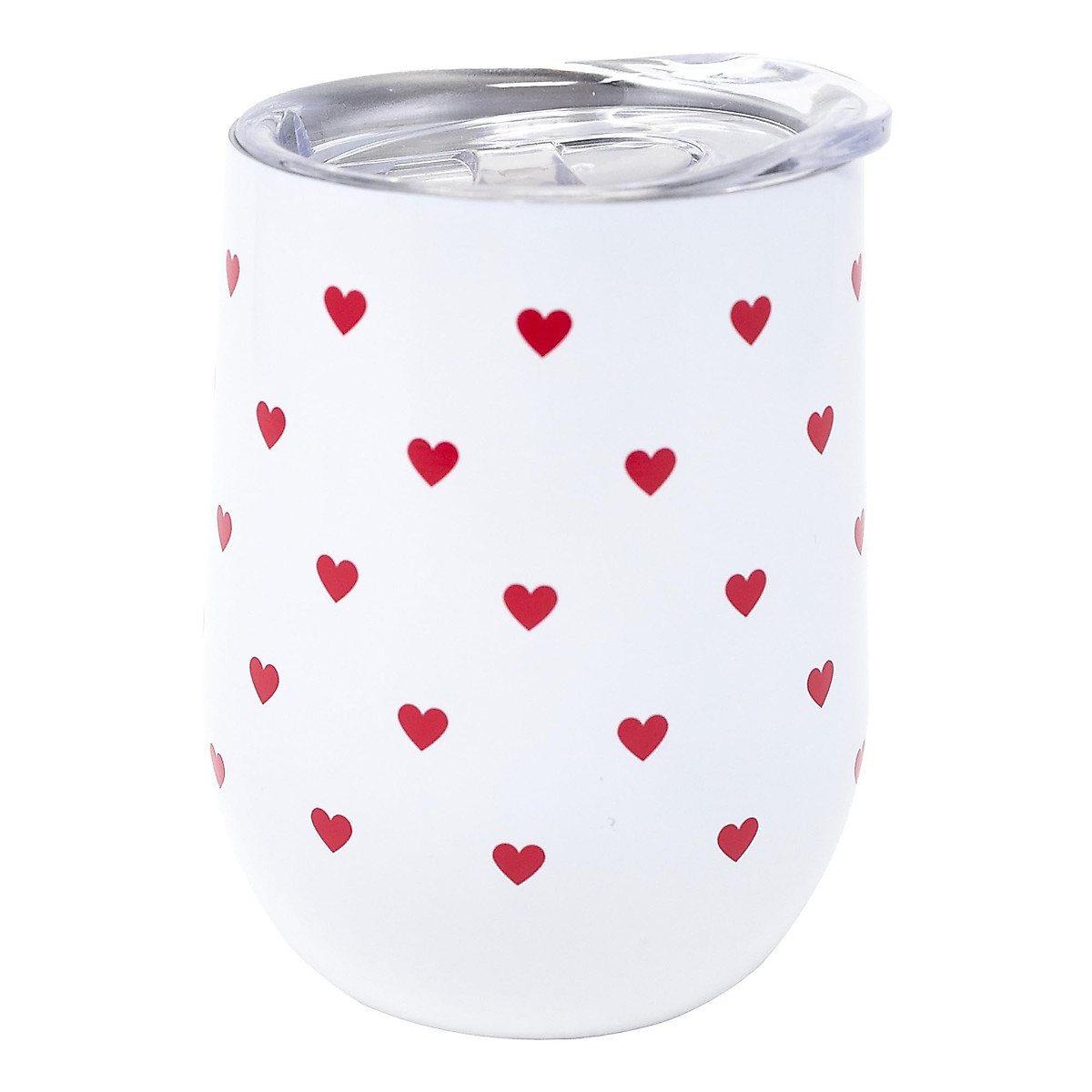 Draper James 12 Oz Insulated Tumbler with Lid, Stainless Steel Travel Wine Glass, Double Wall Metal Cup, Mini Hearts