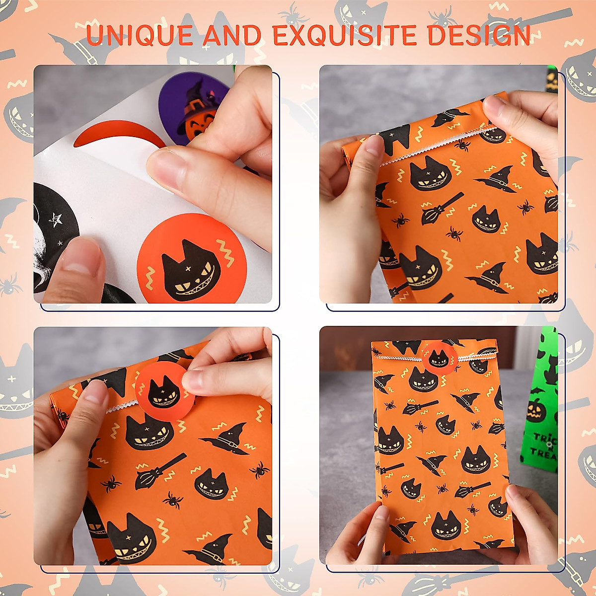 HONEYGIFTS 27PCS Halloween Treat Bags, Halloween Party Bags, Halloween Goodie Bags with Stickers Trick or Treat Bags Halloween Candy Bags for Halloween Decorations Kids Party Supplies