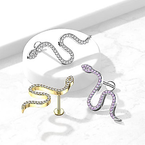 Covet Jewelry Snake Paved CZ Top on Internally Threaded 316L Surgical Steel Flat Back Studs for Labret, Monroe, Cartilage and More (16GA, L: 5/16" (8mm), Aurora Borealis)